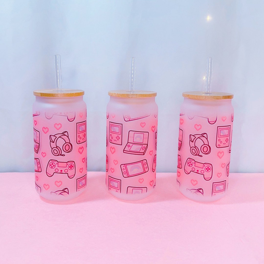 Pink Gamer Girl Glass Cup With Plastic Lid and Straw, Cute, Kawaii Cup ...