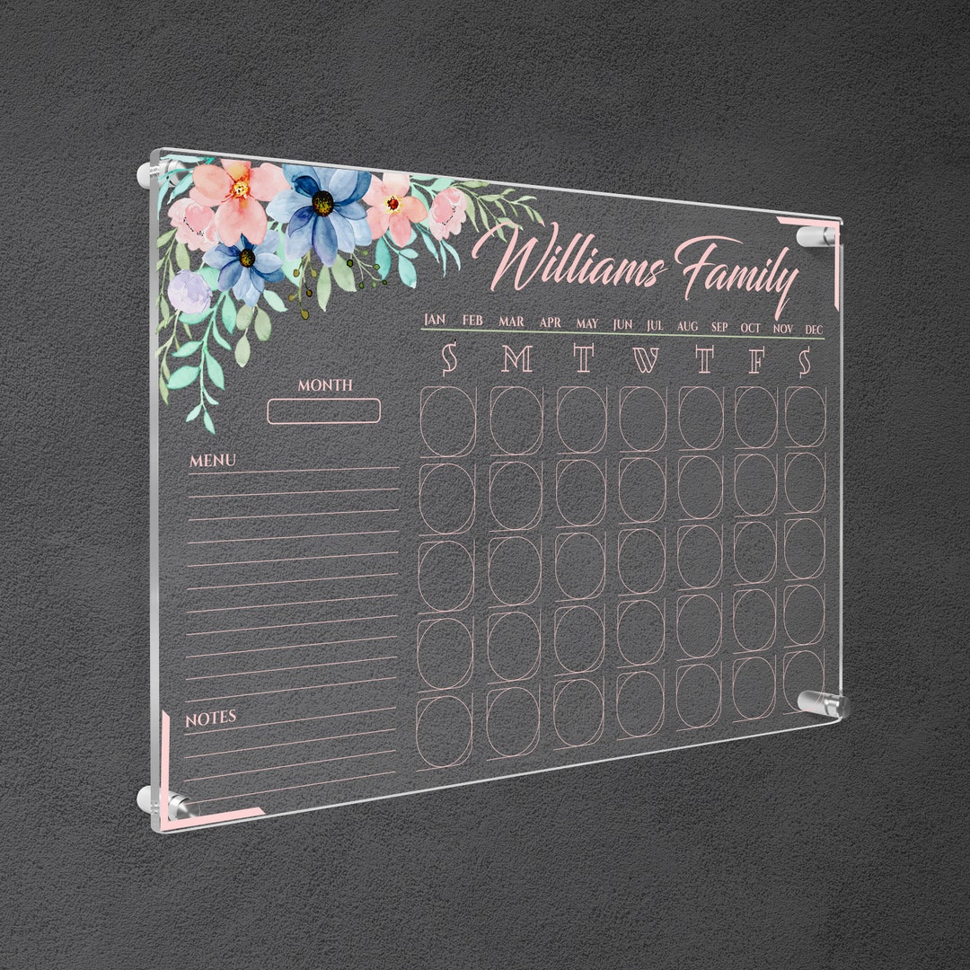 Pink Acrylic Wall Calendar, Personalized Floral Family Wall Planner ...
