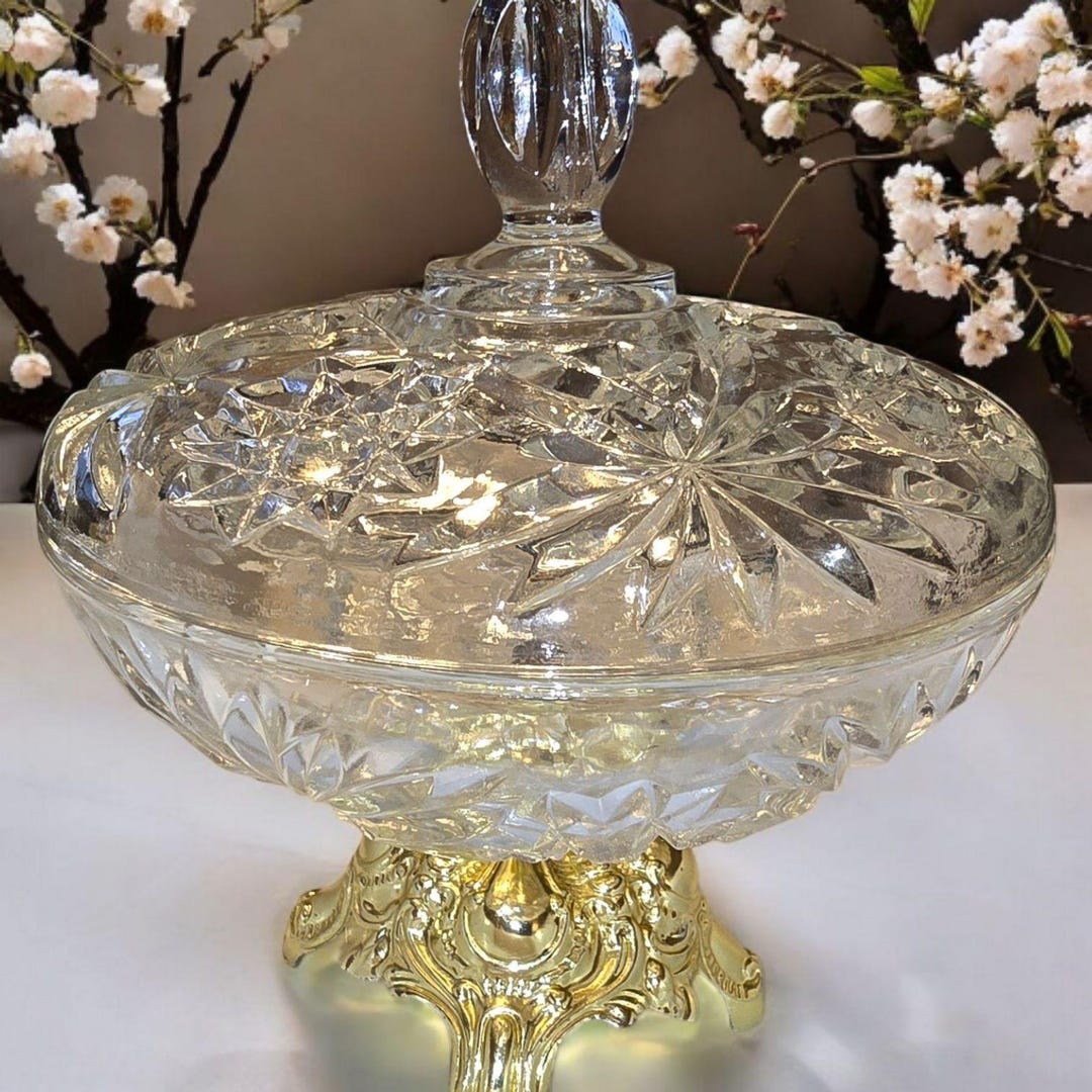 Vintage Crystal Cut Glass Compote Candy Dish Ornate Footed Metal Base ...