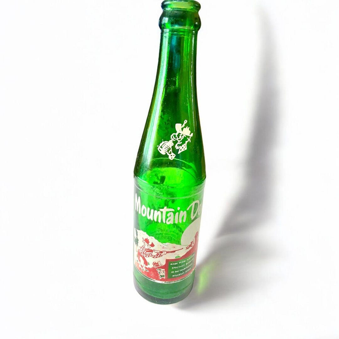 Vintage Mountain Dew Green Glass Bottle Hillbilly Graphics Pig Outhouse ...