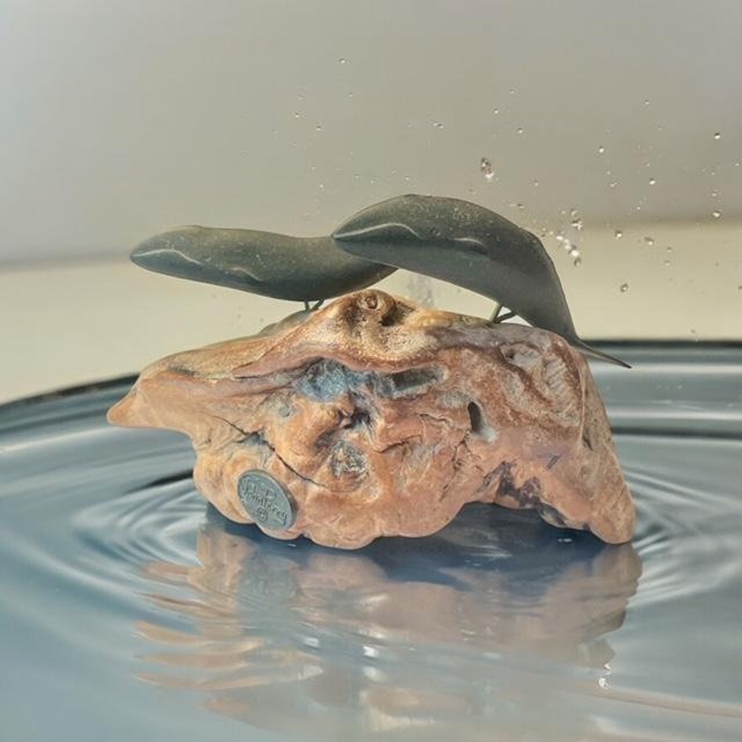 John Perry 2 Grey Colored Whales on Burlwood Base Sculpture ...