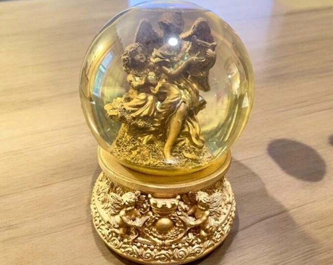 Musical Snow Globe Angel Playing Harp to Child Gold Tone Plays Noel ...
