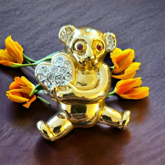 Vintage Roman Teddy Bear Brooch with Rhinestone Heart… - Gem