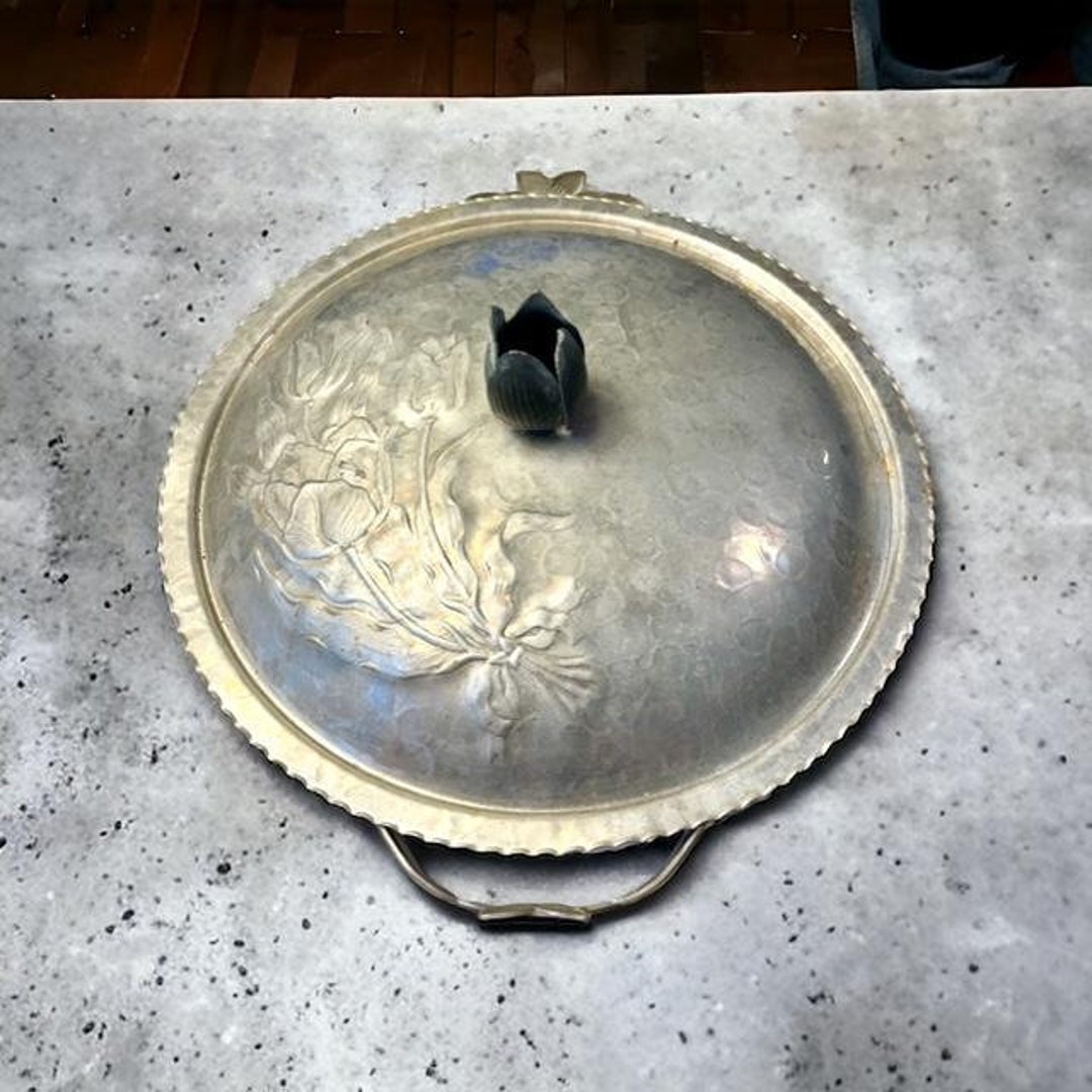 Hammered Aluminum Covered Serving Dish With Tulip Knob, Embossed Design ...