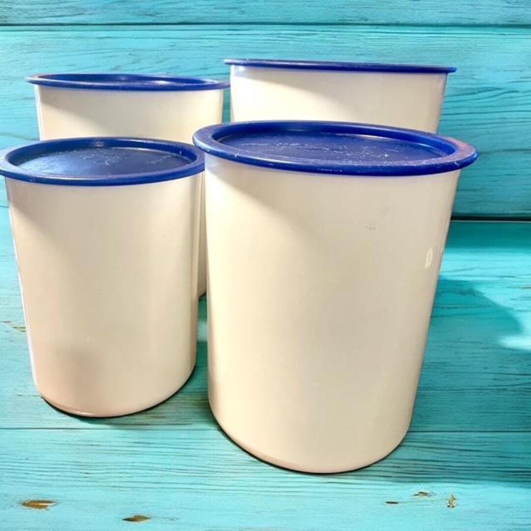 Vintage Tupperware White & Blue Canister Set of 4 W Lids Kitchen ...