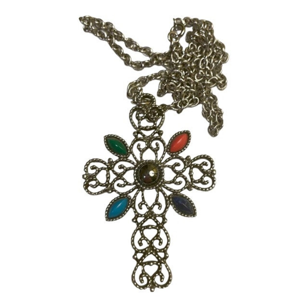 Avon Silver Tone Romanesque Multi-color Stones Cross Necklace, Vintage ...