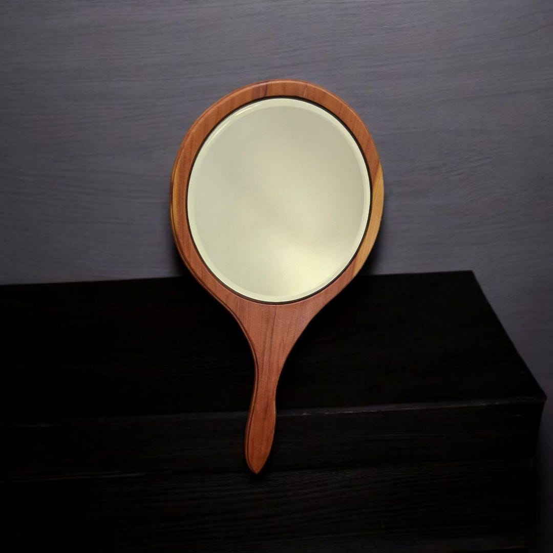 Vintage Handheld Round Wood Frame Mirror With Smooth Polished Finish Beveled Edge, Vanity (S101 ...