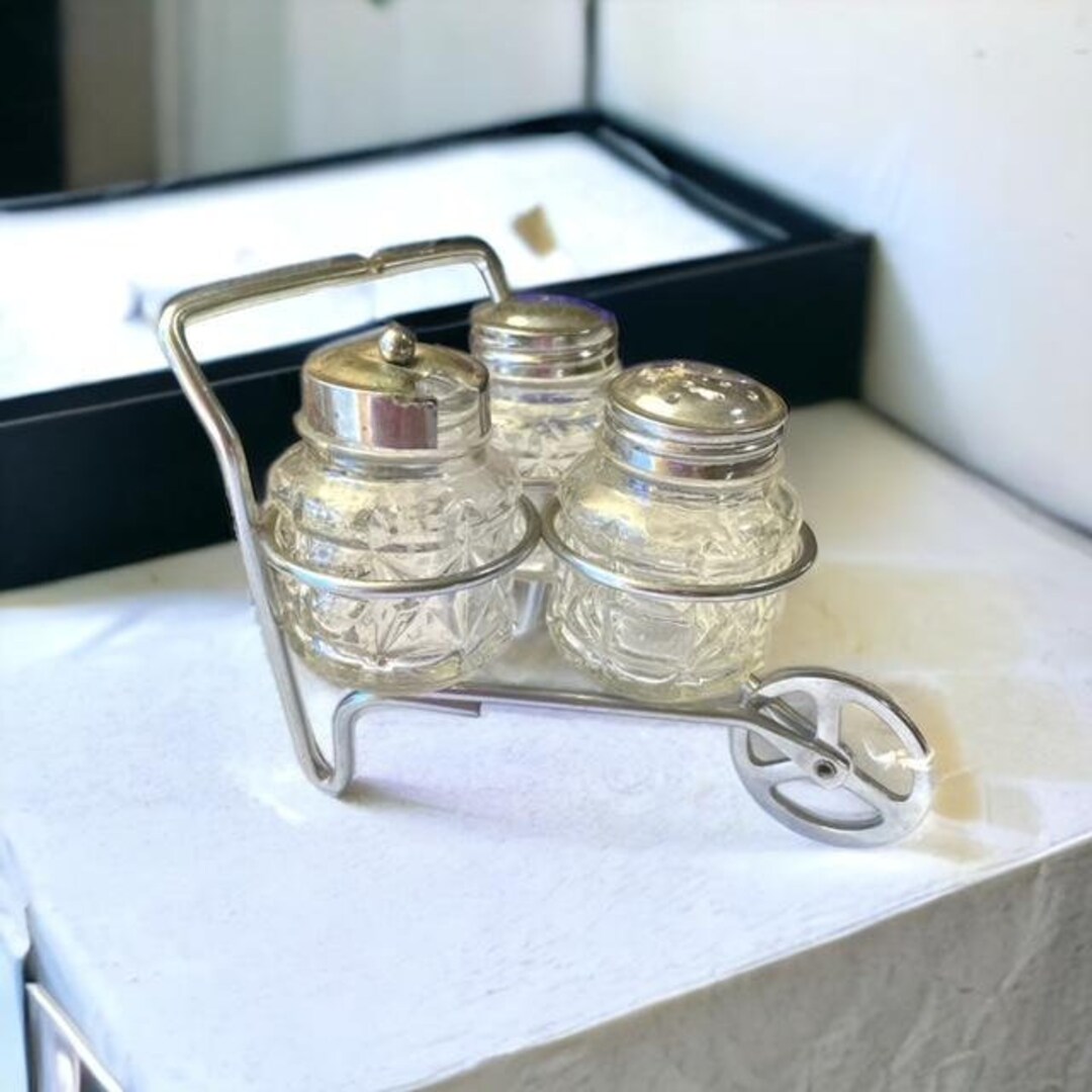 Vintage Metal Wheelbarrow Cart With Glass Salt, Pepper, Sugar Shakers ...