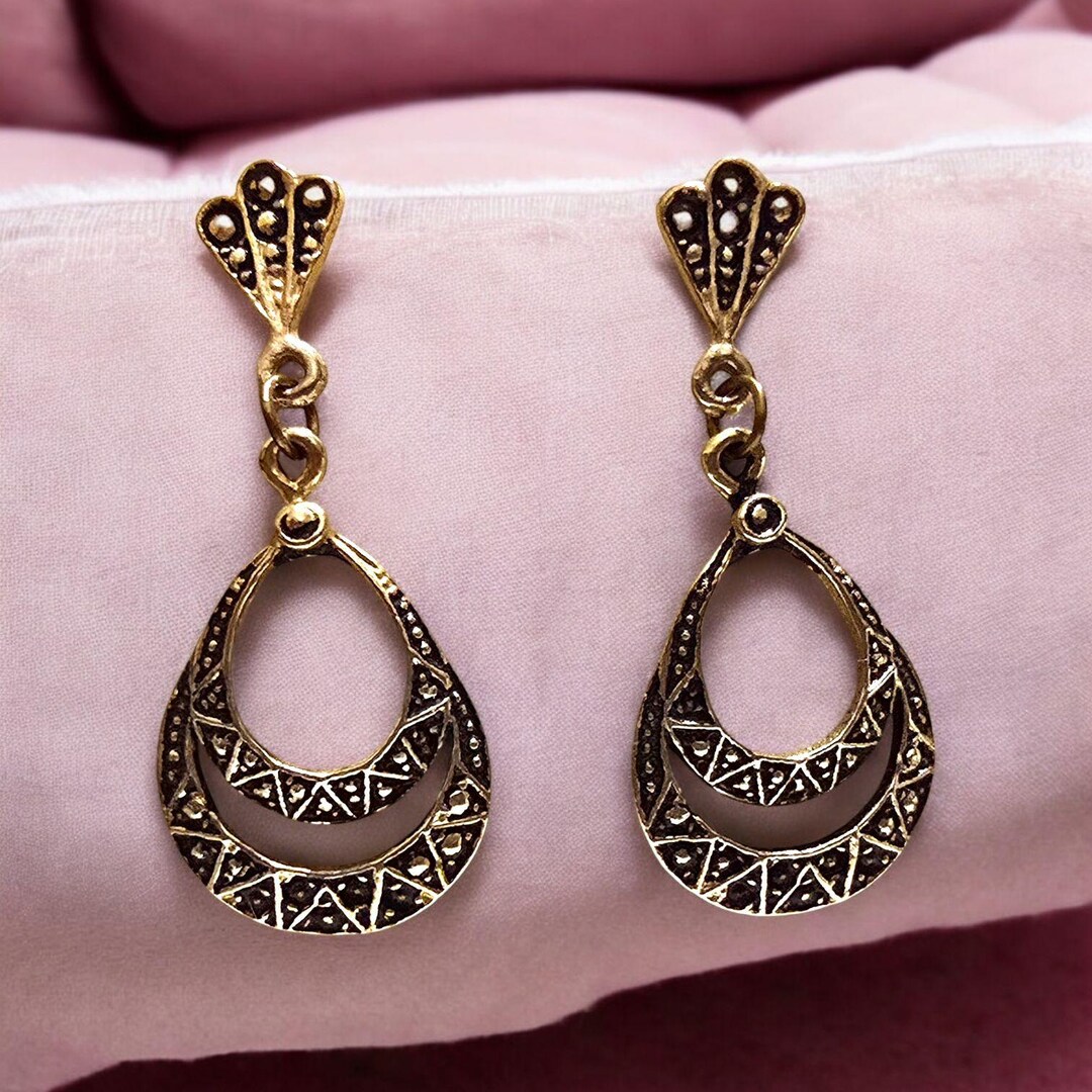Vintage Marquisite Double Loop Pierced Dangle Earrings, Vintage Jewelry ...