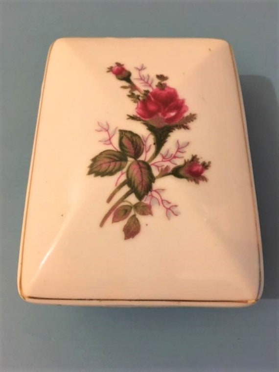 Vintage Porcelain Trinket Box Jewelry Box Floral, Van… - Gem