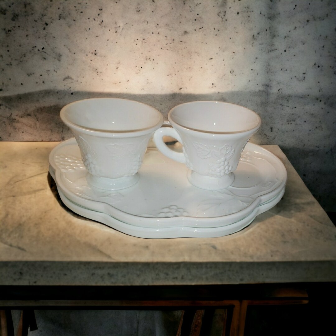 Vintage Colony Harvest White Milk Glass Snack Set (2) Plates and (2 ...