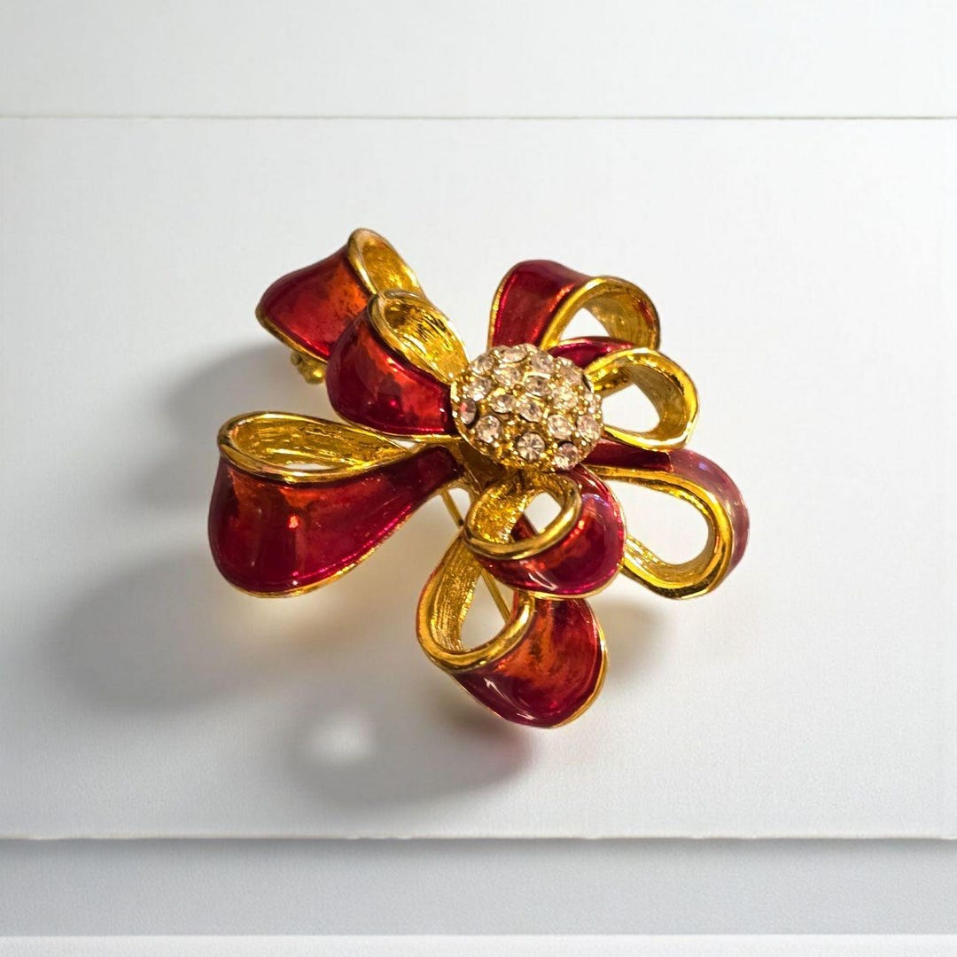 Brooch Red Enamel Ribbon Clear Rhinestones Christmas 3-D Gold Tone ...