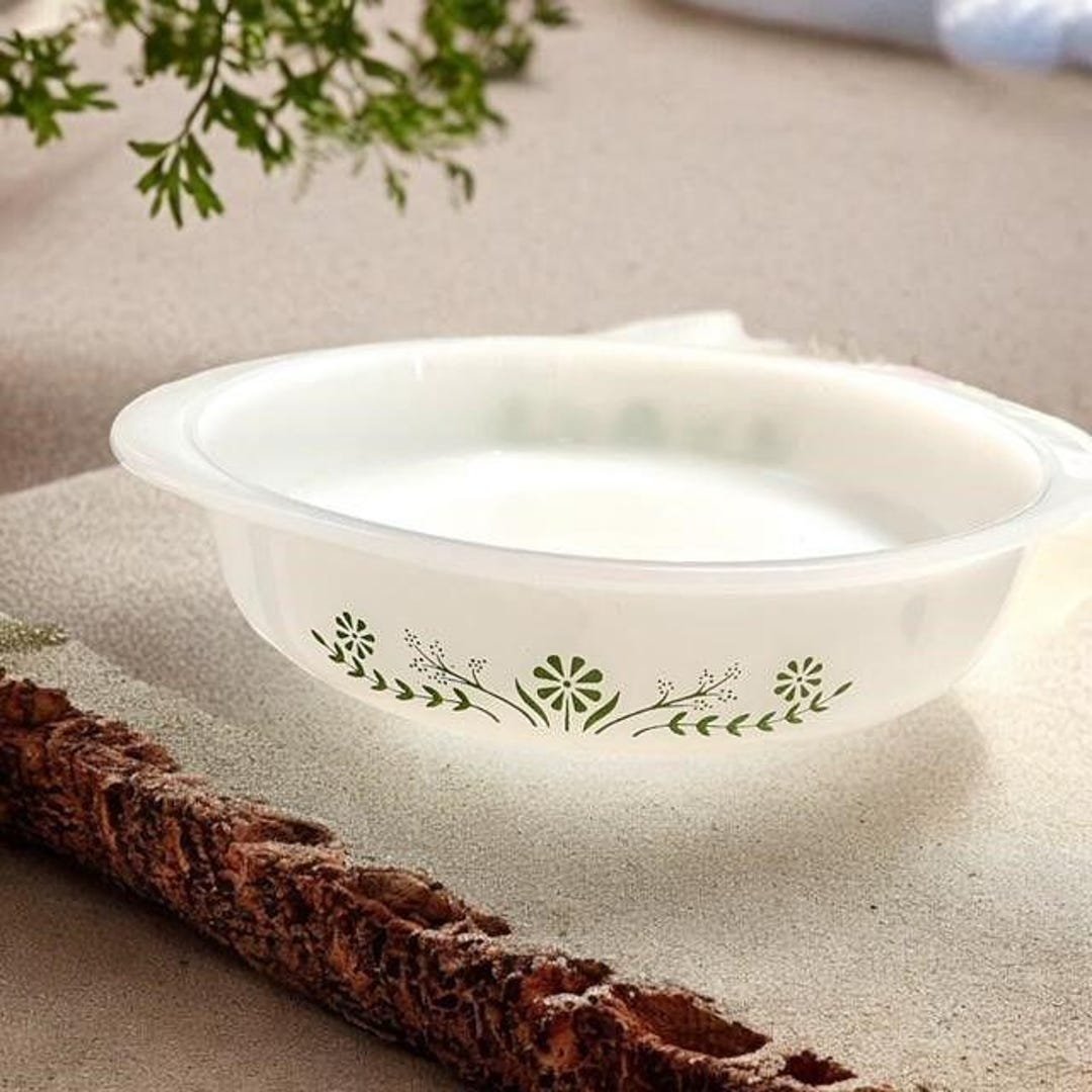 Vintage Glasbake Milk Glass Baking Dish W/ Green Floral Design 9 ...