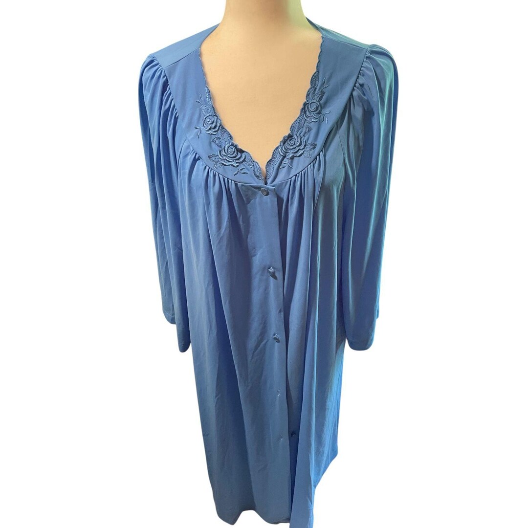 Shadowline Blue Button-down Robe Floral Embroidery Knee Length Vintage ...