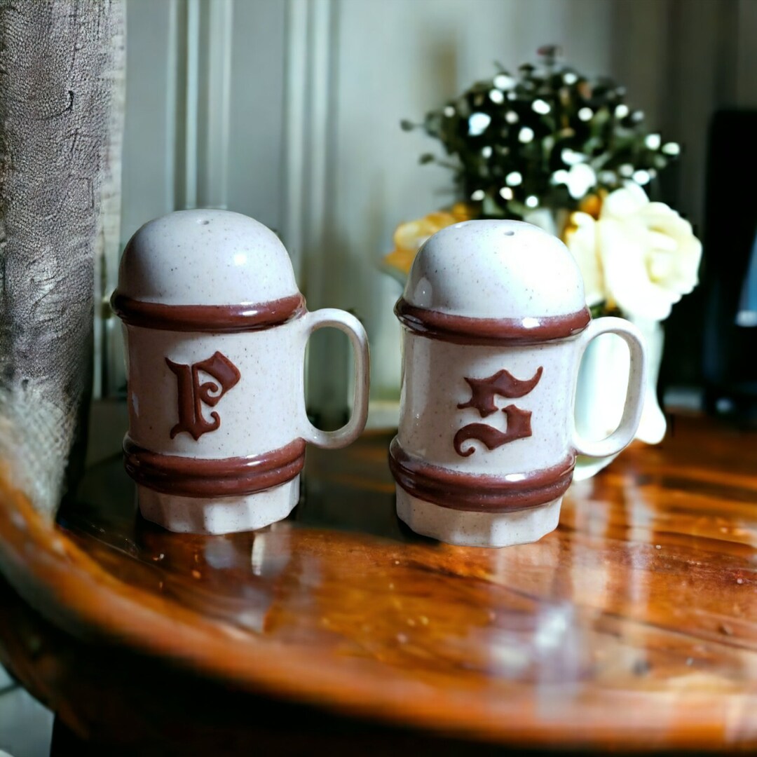 Salt and Pepper Shakers, Vintage Large Ceramic Speckled Beige Brown ...
