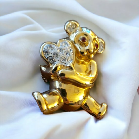 Vintage Roman Teddy Bear Brooch with Rhinestone Heart… - Gem
