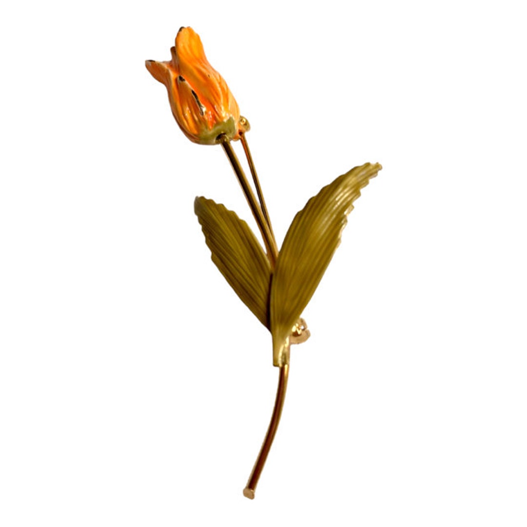 Vintage Enamel Flower Brooch, 1960's Tulip Brooch, Gold Tone, Green ...