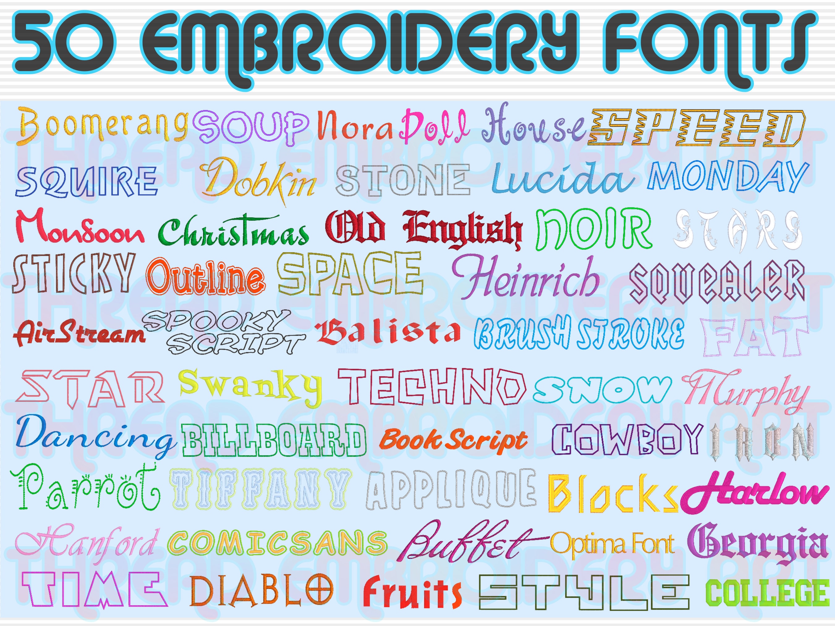 50 Embroidery Fonts - Alphabets - Embroidery Script - PES Format ...