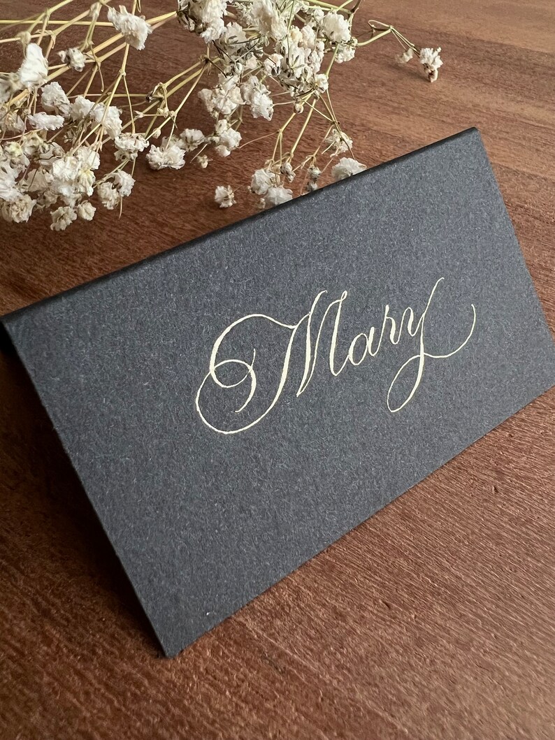 Custom Calligraphy Place Cards - Black & Gold, Tented Name Cards - Etsy