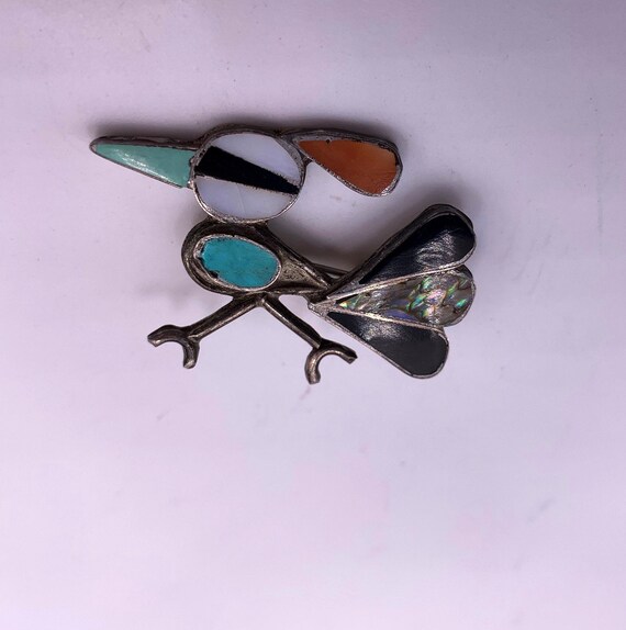 Vintage Zuni Road Runner Bird Sterling Silver Mosaic … - Gem