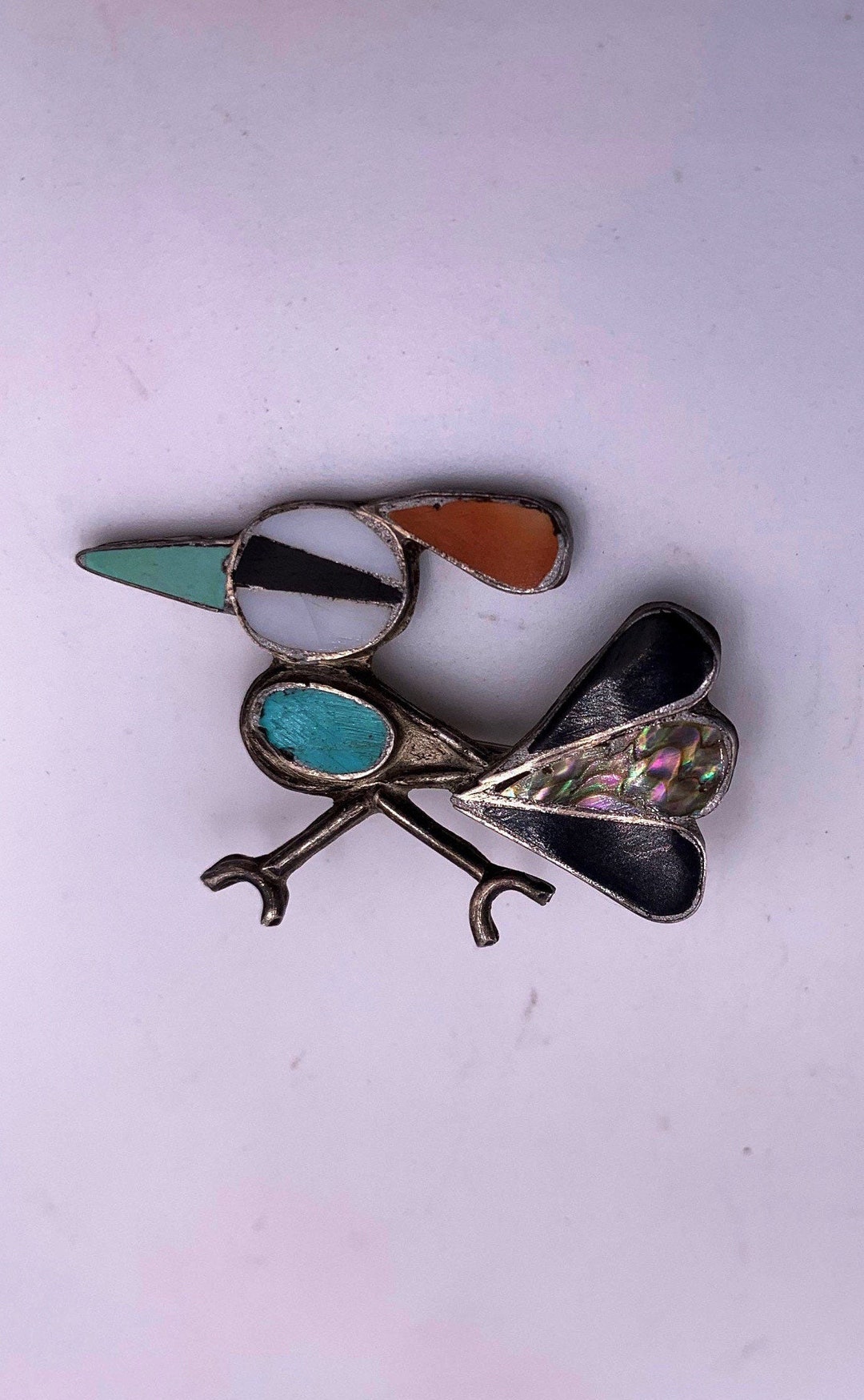 Vintage Zuni Road Runner Bird Sterling Silver Mosaic Inlay Pin Brooch L ...