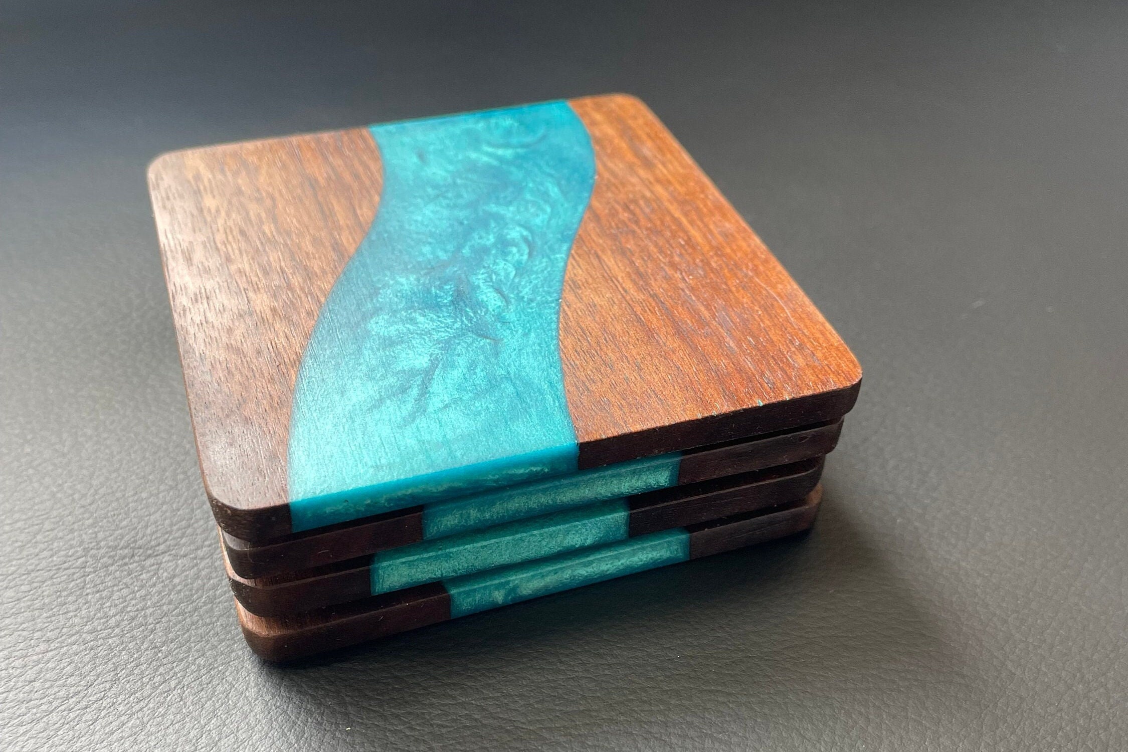 Dark Walnut Epoxy River Coasters/ Aqua Blue Mica/ Set of Four - Etsy