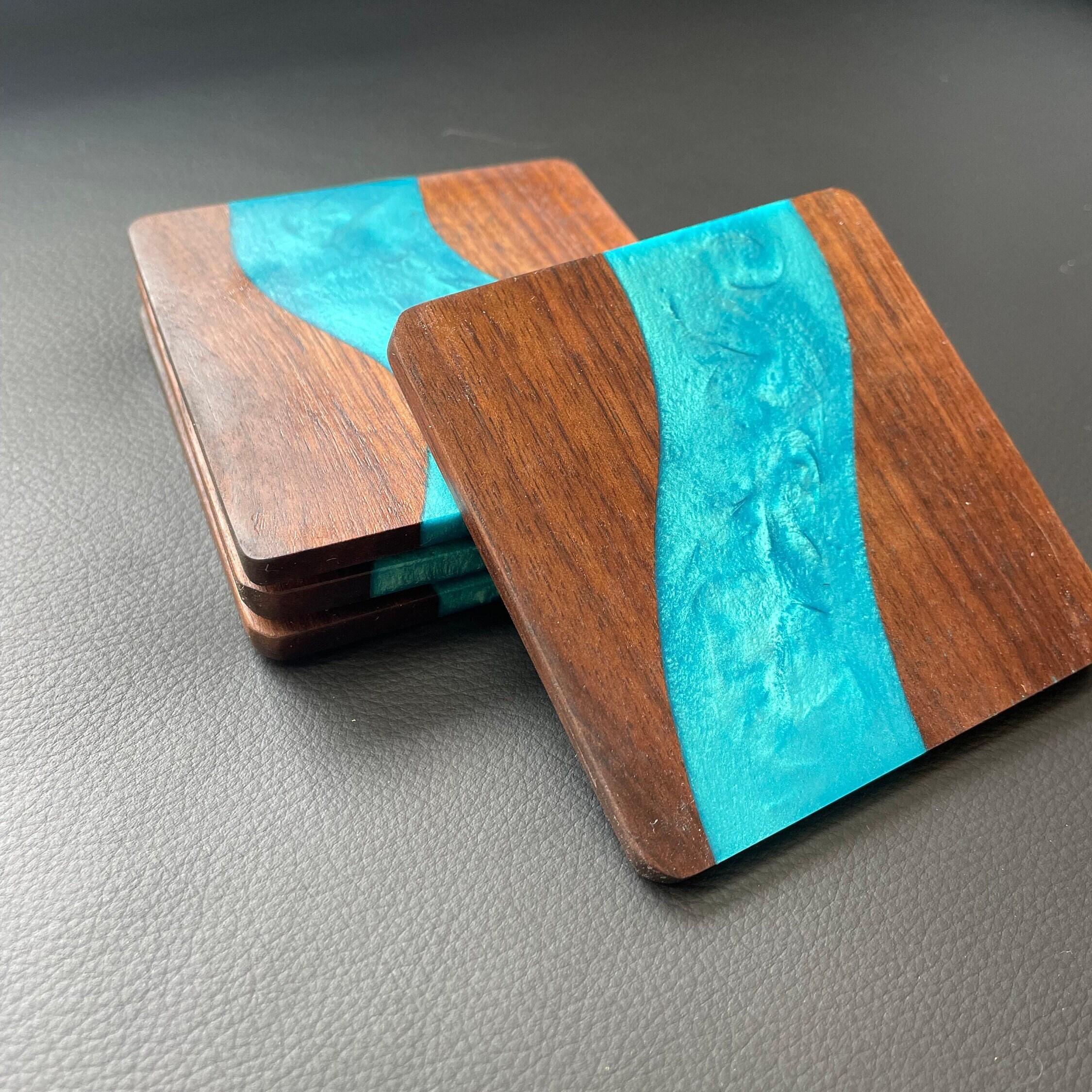 Dark Walnut Epoxy River Coasters/ Aqua Blue Mica/ Set of Four - Etsy
