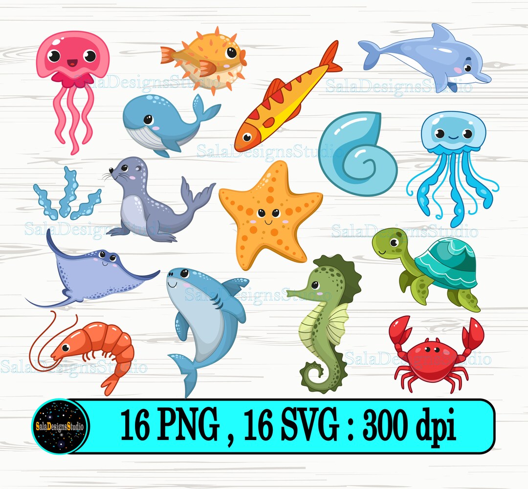 Cute Sea Animals SVG Bundle, Cute Fish Svg, Shark Clip Art, Whale Svg ...