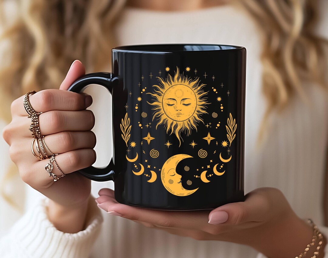 Sun Moon & Stars Mug, Celestial Boho Black Mug, Coffee Moon Mug ...