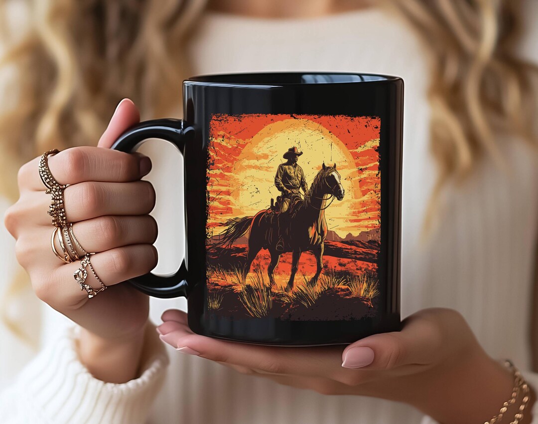 Western Mug, Desert Retro Mug, Vintage Cowboy Black Mug, Rodeo Coffee ...