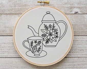 Tea Time Embroidery Pattern Tea Cup Hand Embroidery Tea Pot Hand ...