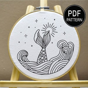 Mermaid Embroidery Pattern Wave Embroidery Celestial Hand Embroidery ...