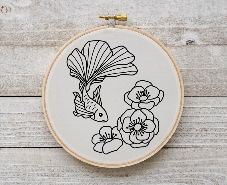 Goldfish Embroidery Pattern Flower Embroidery Fish Hand - Etsy