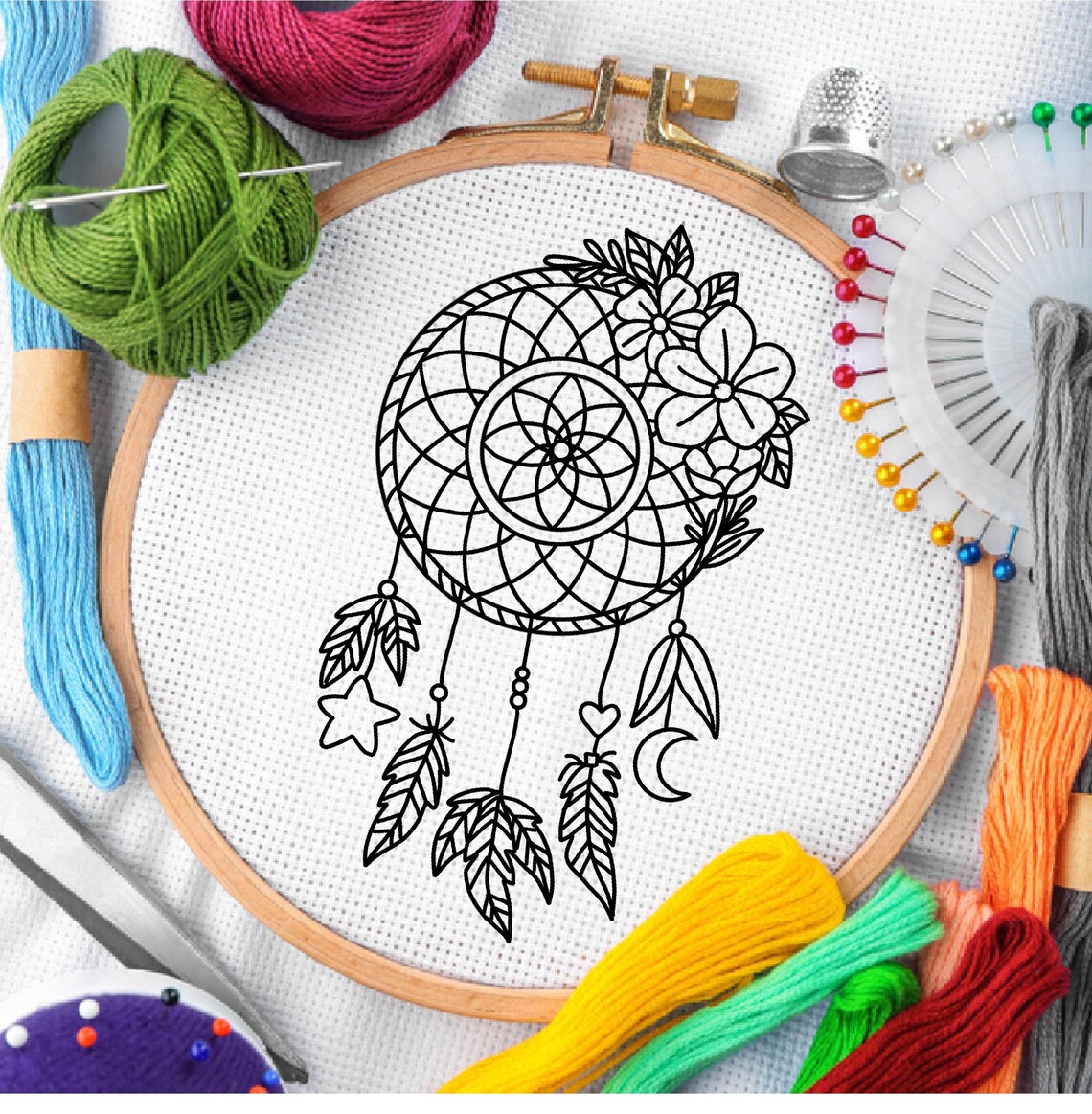 Dream Catcher Embroidery Pattern Flower Feather Embroidery Boho ...