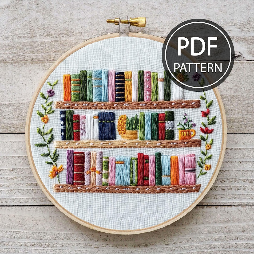 Flower Bookshelf Embroidery Pattern Floral Bookshelf Embroidery Reading ...