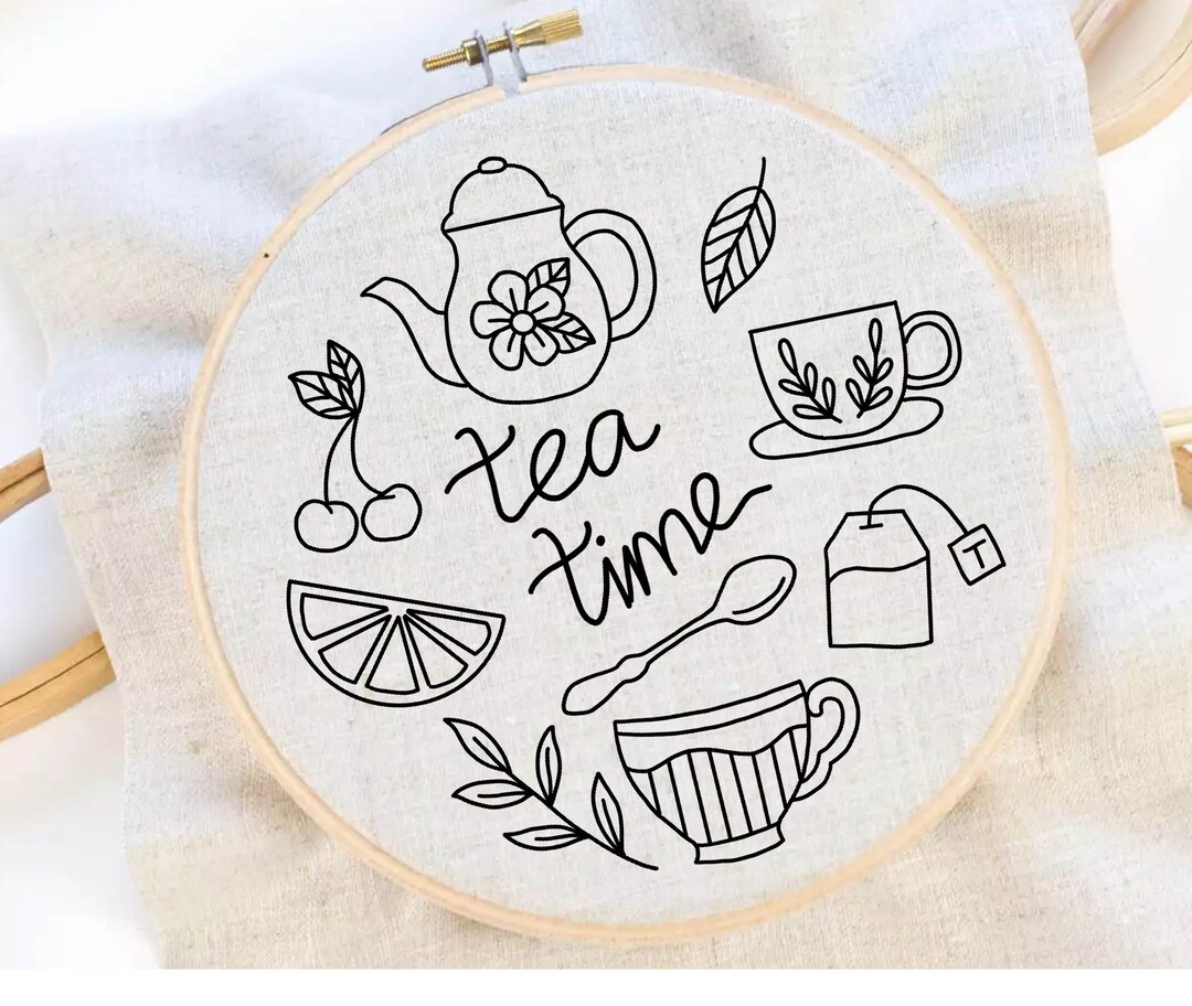 Tea Time Embroidery Pattern Tea Cup Hand Embroidery Tea Pot Hand ...