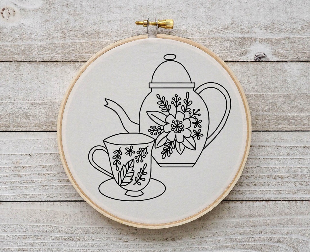 Tea Cup Set Embroidery Pattern Tea Time Embroidery Pattern Tea Pot ...