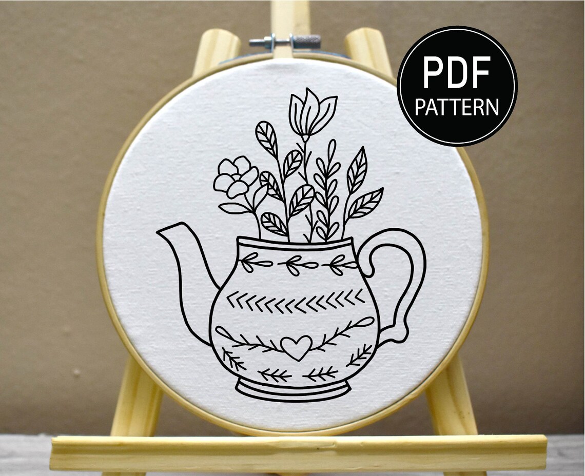 Flower Tea Pot Embroidery Pattern Bouquet Hand Embroidery Tea - Etsy
