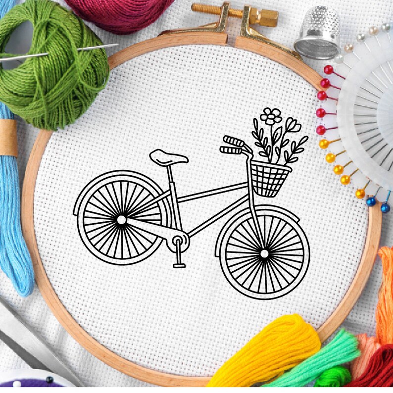 Bicycle Flower Embroidery Pattern Summer Embroidery Bike Hand - Etsy