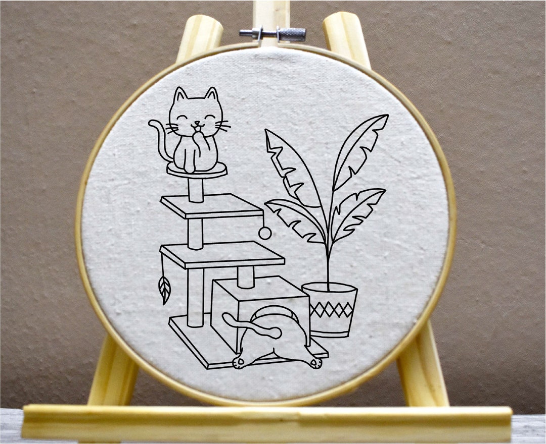 Cute Cats Embroidery Cat and Plant Embroidery Cat Climbing Rack ...