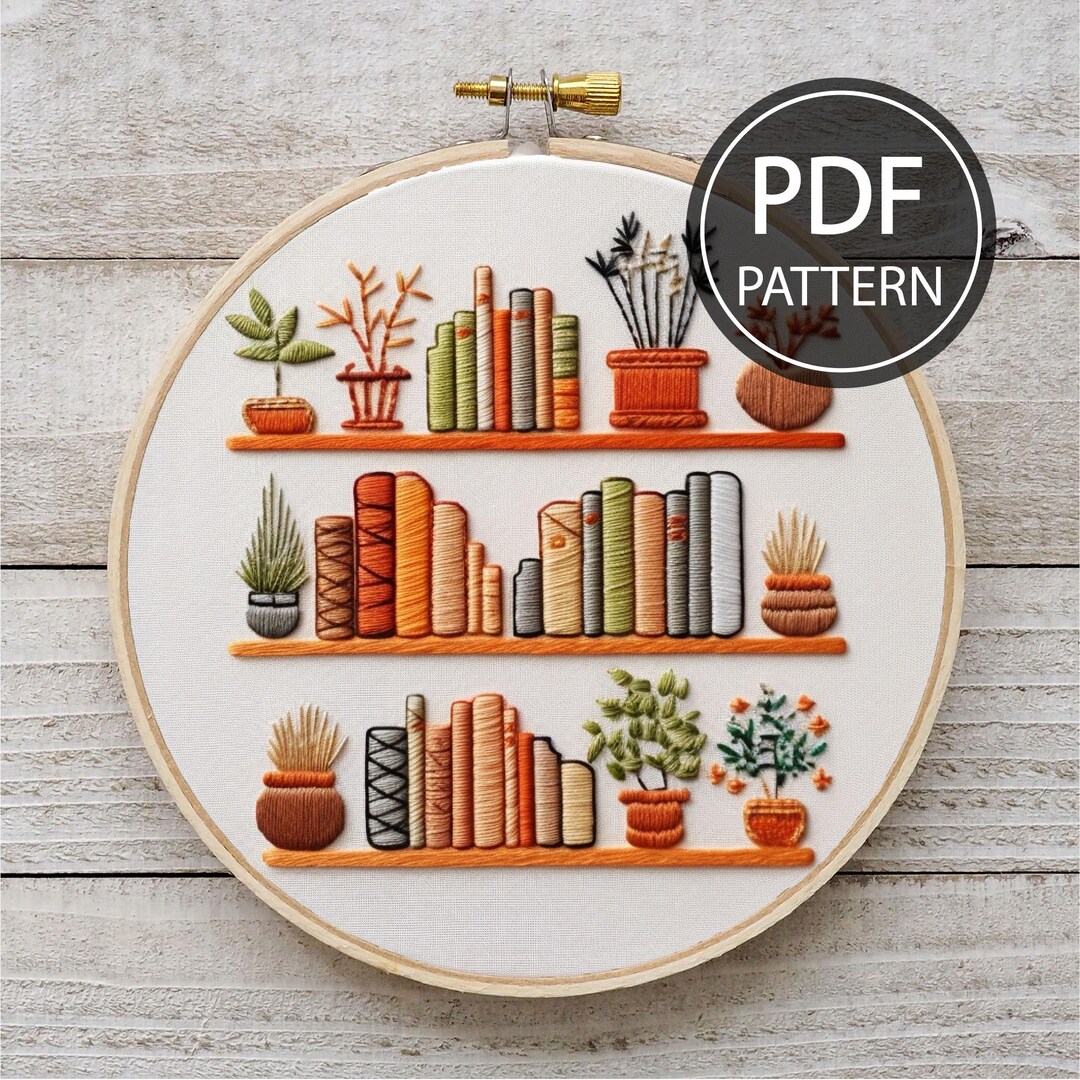 Bookshelf Embroidery Pattern Flower Bookshelf Embroidery Reading ...