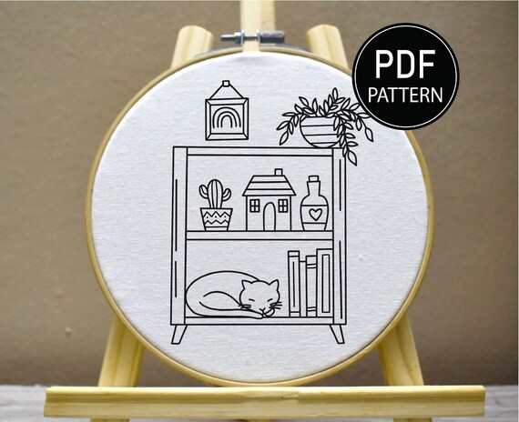 Cat and Books Embroidery Pattern Book Lover Embroidery Cat - Etsy
