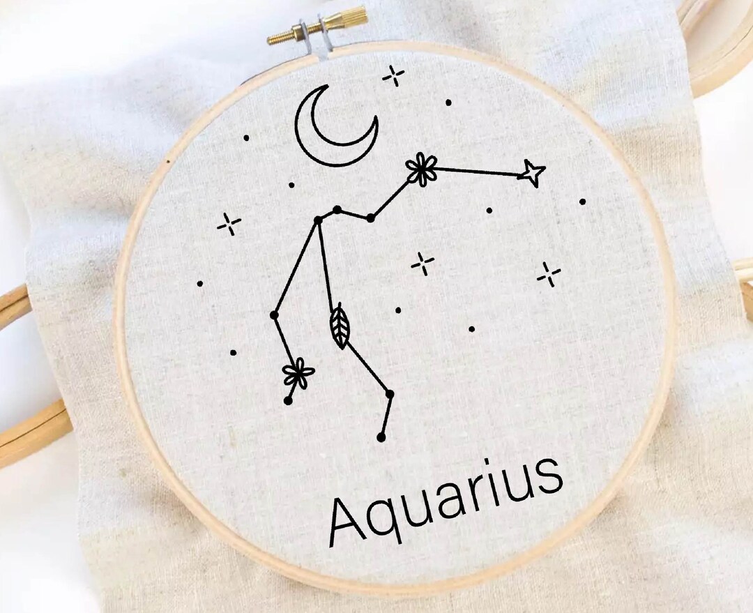 Aquarius Embroidery Pattern Zodiac Embroidery Flower Zodiac Sign Hand Embroidery Aquarius ...