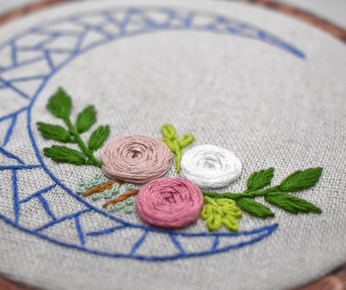 Moon and Roses Embroidery Pattern Moon Flower Embroidery - Etsy