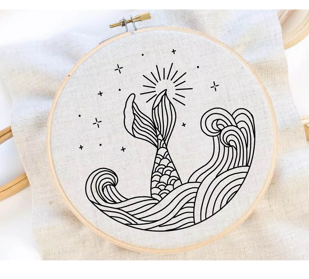 Mermaid Embroidery Pattern Wave Embroidery Celestial Hand Embroidery ...