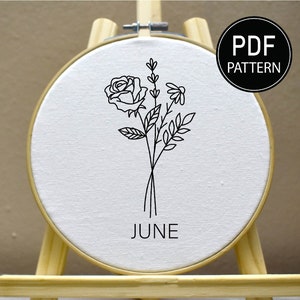 Birth Month Flower Embroidery Pattern June Flower Embroidery Rose ...