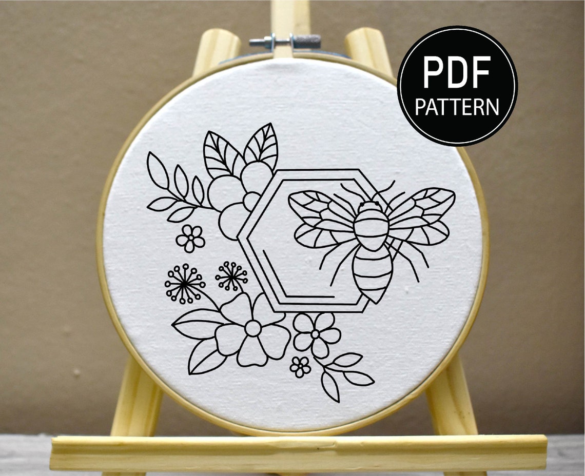 Bee and Flower Embroidery Pattern Bee Hive Embroidery Pattern Insect ...