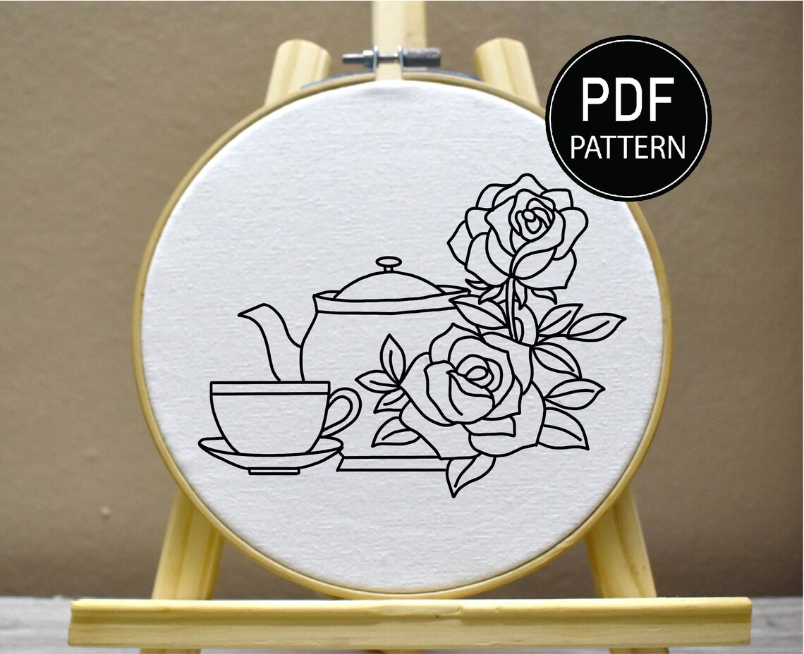 Flower Tea Set Embroidery Pattern Tea Cup Hand Embroidery Tea - Etsy