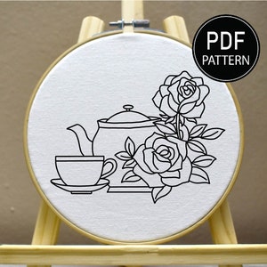 Flower Tea Set Embroidery Pattern Tea Cup Hand Embroidery Tea Cup and ...