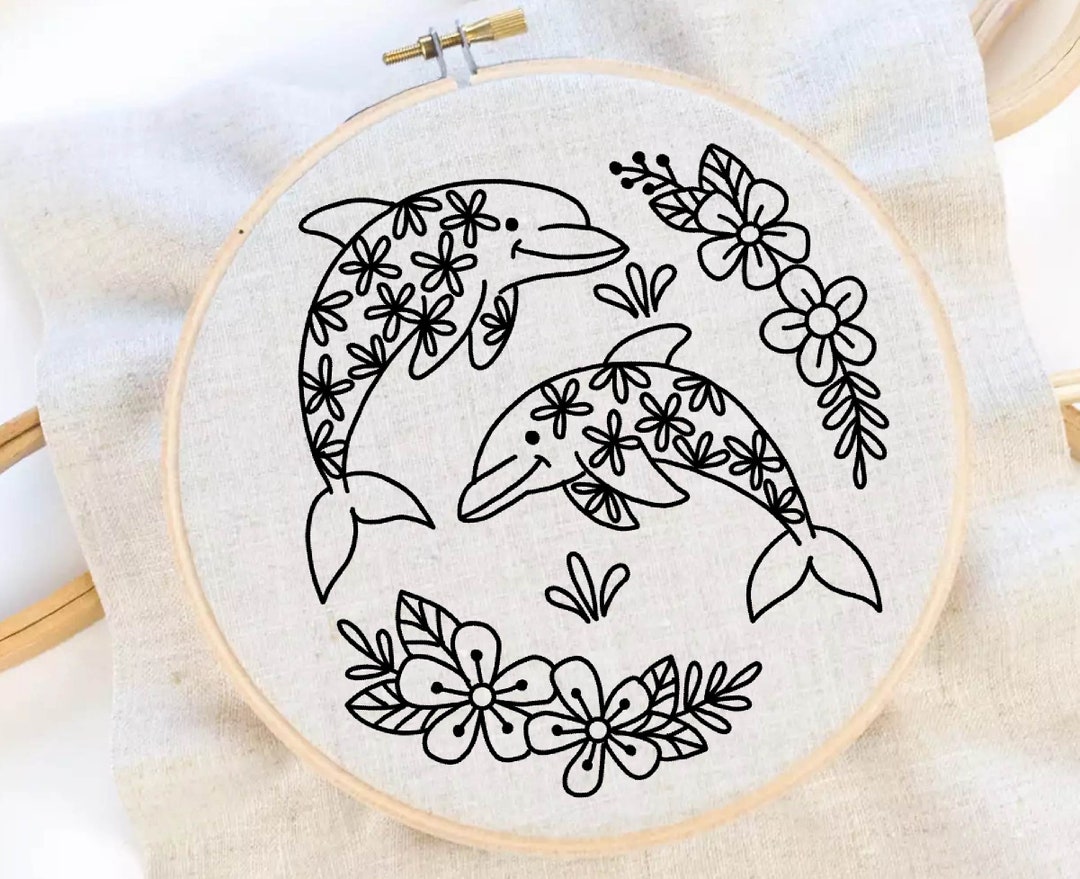 Dolphins Embroidery Pattern Dolphin Flower Embroidery Sea Life ...